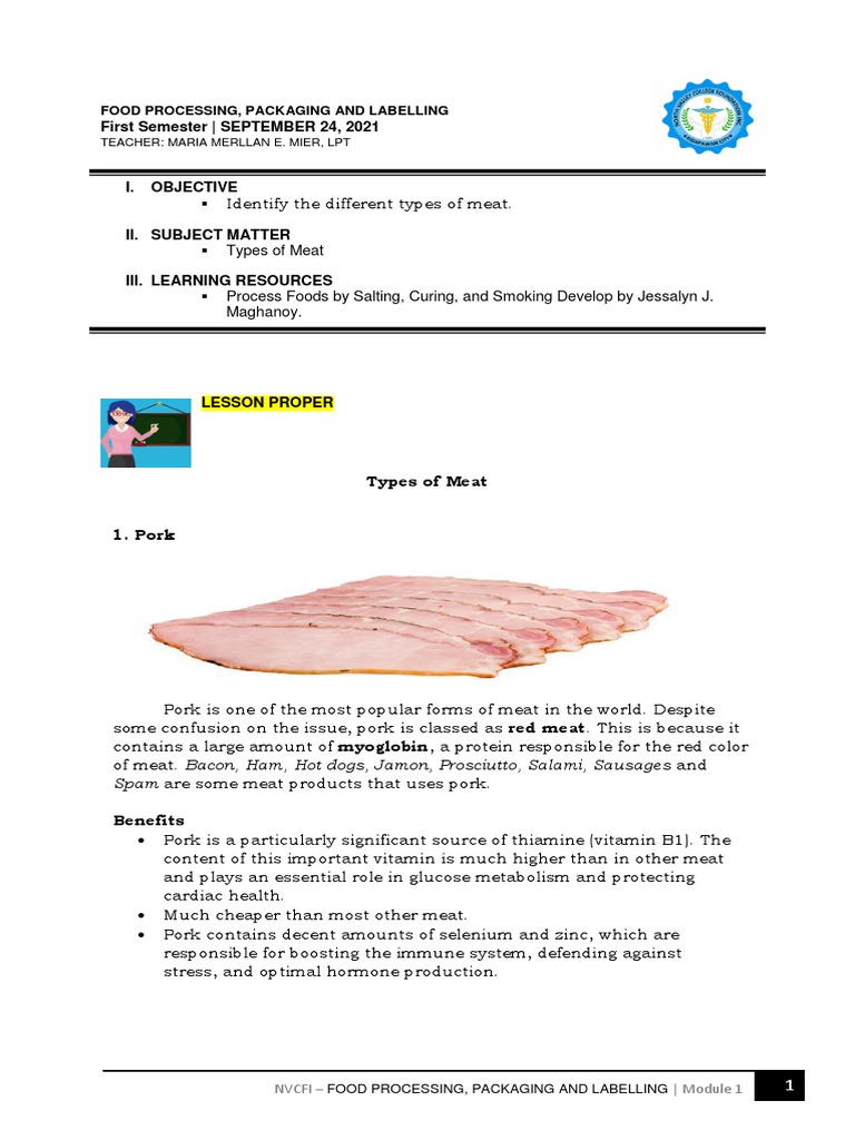 First Semester - SEPTEMBER 24, 2021: Types of Meat | PDF | Pork | Meat