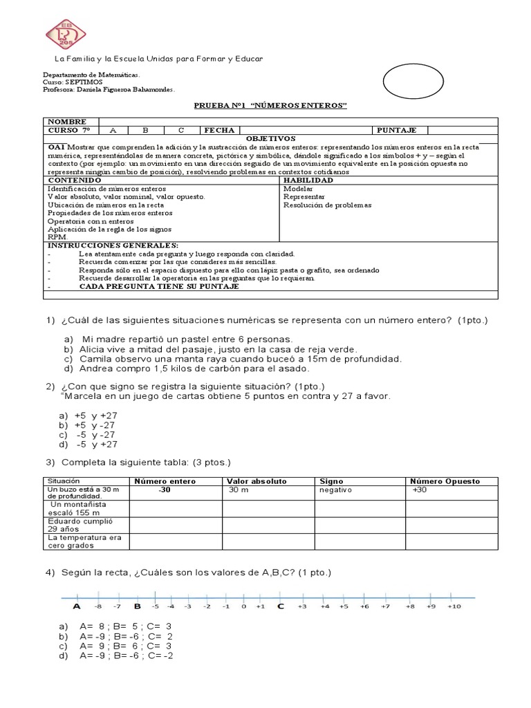 7mo Prueba 1 (Adición y Sustracción de N° Enteros) | PDF