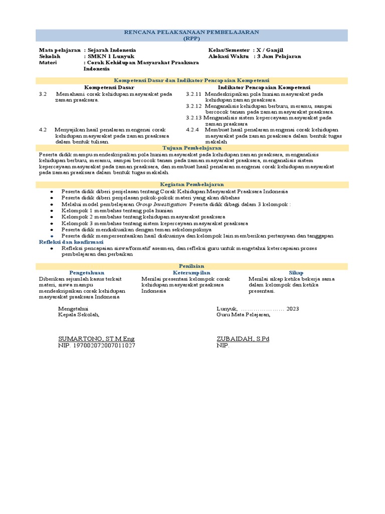 RPP 8 ''Corak Kehidupan Masyarakat Praaksara Indonesia | PDF