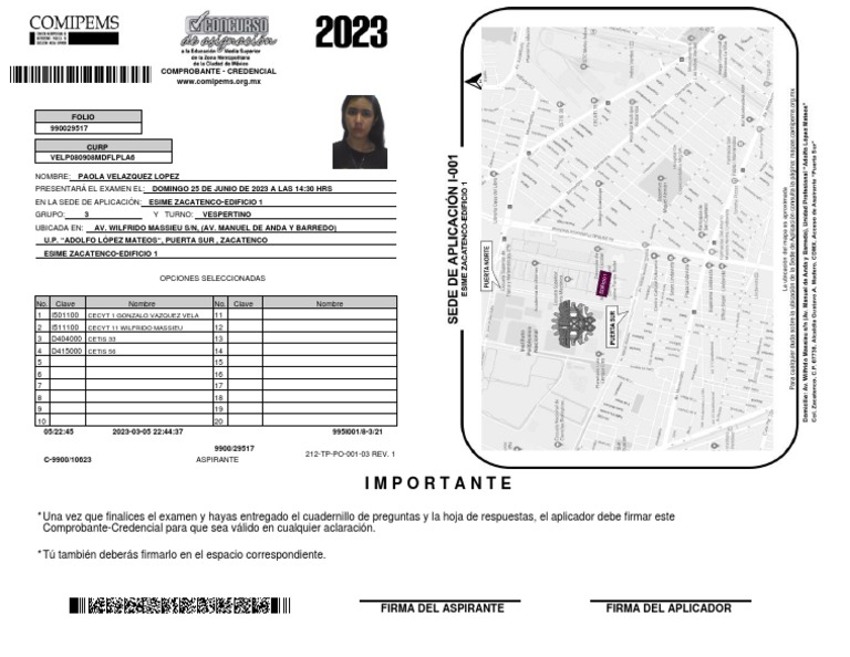 Comprobante de Examen COMIPEMS | PDF