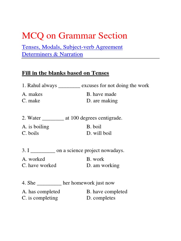 100 MCQs From English Grammar Section | PDF