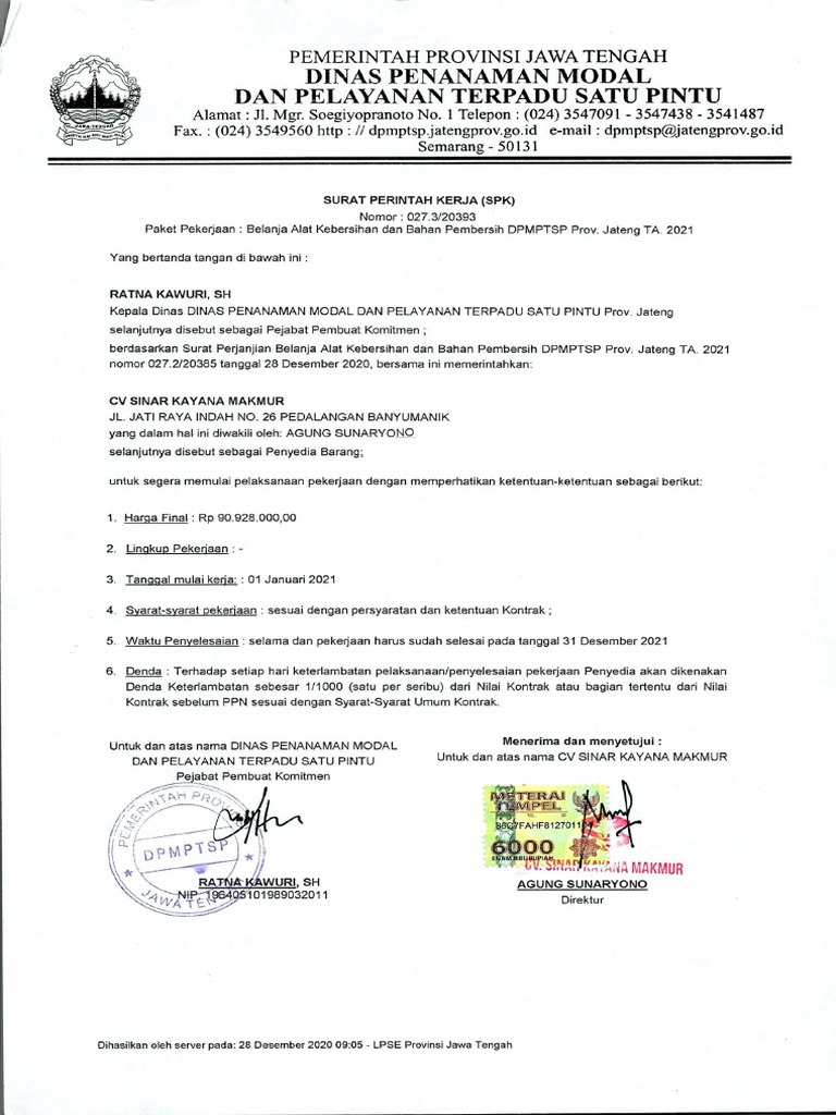 Surat Perintah Kerja (SPK) CV Sinar Kayana Makmur - 0001 | PDF