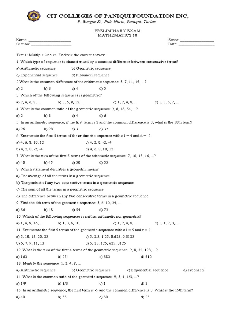 Sequence Exam | PDF | Interest | Elementary Mathematics