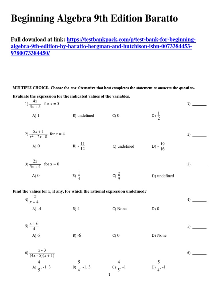 Beginning Algebra 9th Edition Baratto Test Bank 1 | PDF
