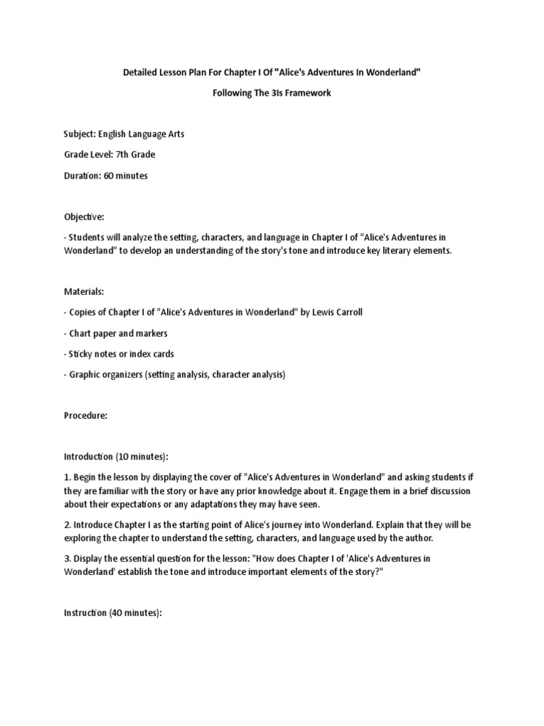 Sample Lesson Plan For Children's Lit | PDF | Alice (Alice's Adventures ...