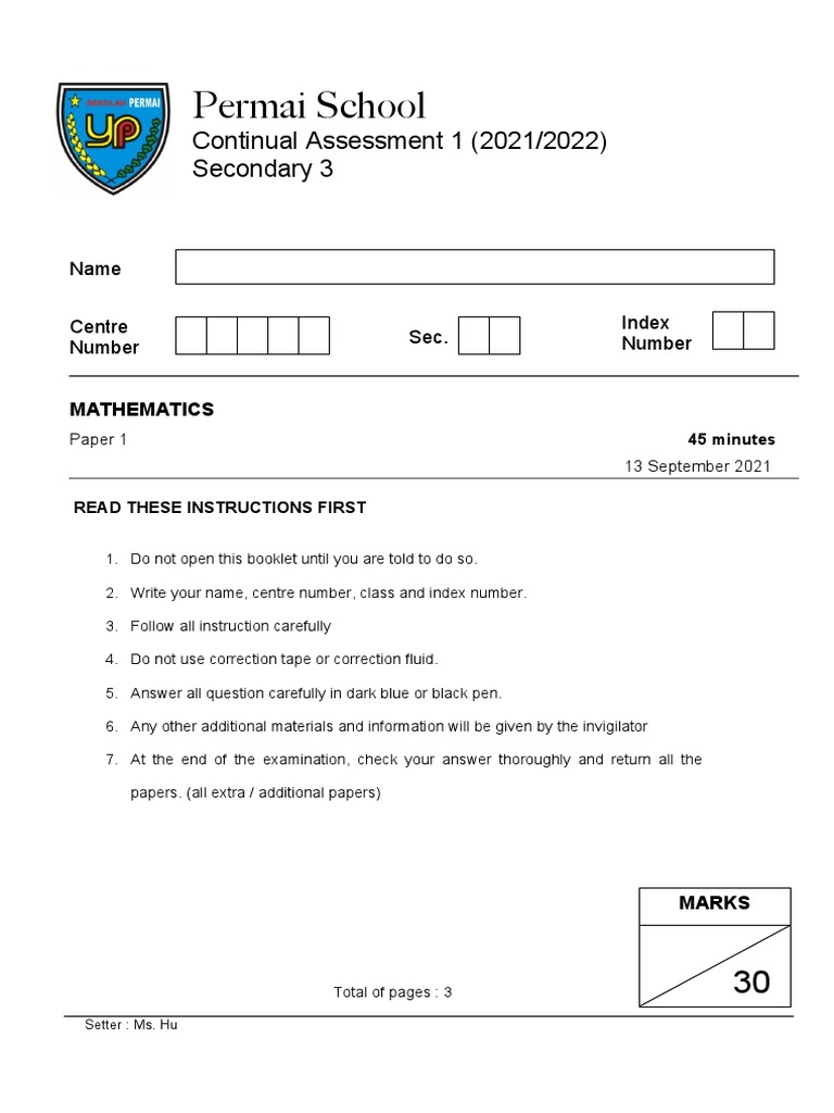 Sec 3 Math - P1-CA1 - 22082 | PDF