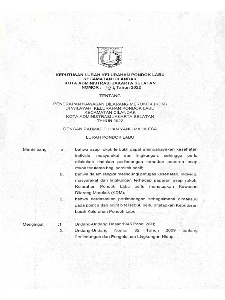 Sk. Lurah Kel. Pondok Labu - Penerapan Kawasan Dilarang Merokok | PDF