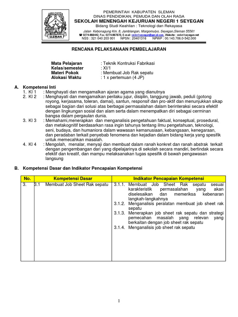 Rencana Pembelajaran Job Sheet Rak Sepatu | PDF