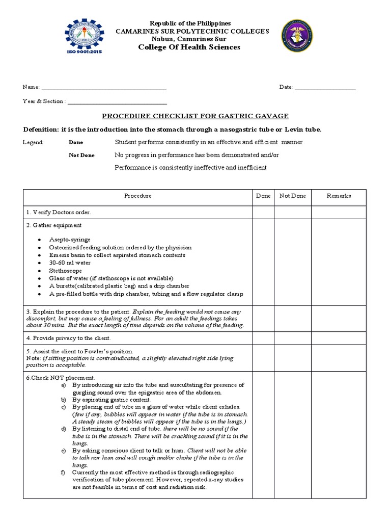 Gastric Gavage Checklist | PDF