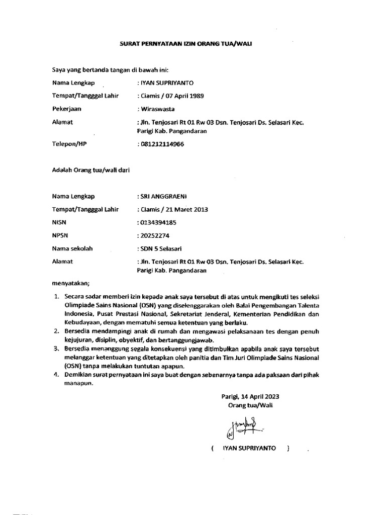 Surat Ijin Ortu Sri | PDF