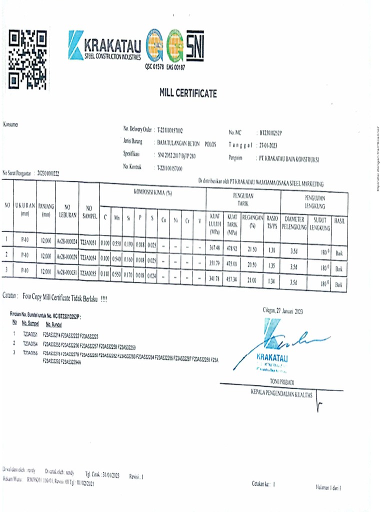 Mill Certificate Pondasi CCTV | PDF