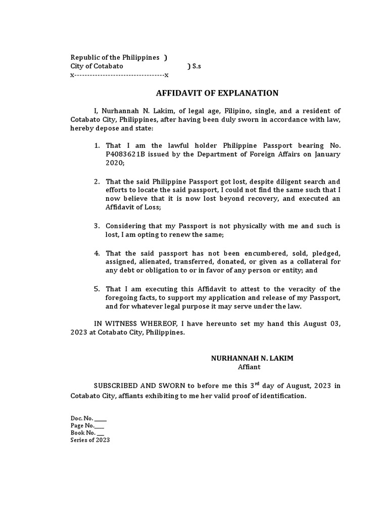 Affidavit of Explanation Passport | PDF