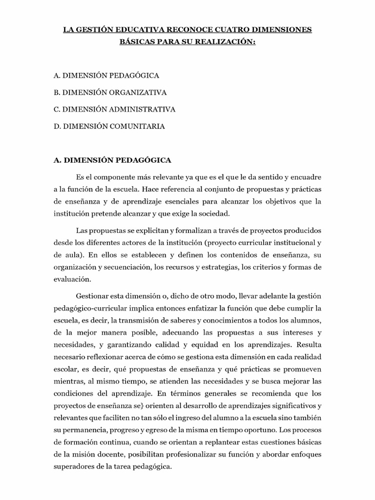 Gestión Educativa Reconoce Cuatro Dimensiones Básicas para Su ...