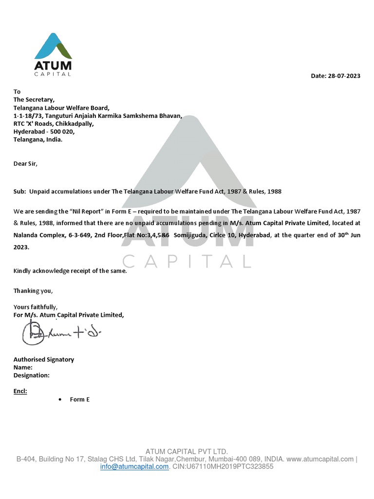 Atum Capital Private Limited - Somijiguda - LWF NIL - June'2023 | PDF