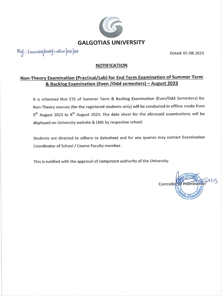 Notification - Non-Theory Examination (PracticalLab) For End Term ...