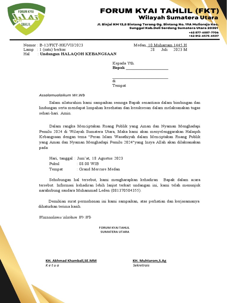 Undangan Halaqoh Kebangsaan FKT Untuk para Tokoh Ormas DLL | PDF