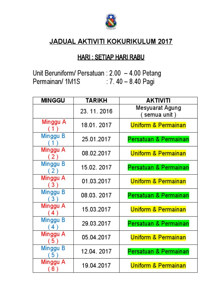 Jadual Aktiviti Kokurikulum 2017 | PDF