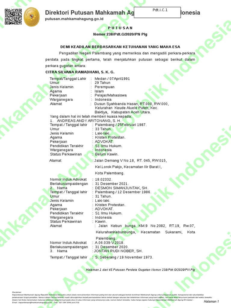 Putusan 238 PDT.G 2020 PN PLG 20230328094335 | PDF