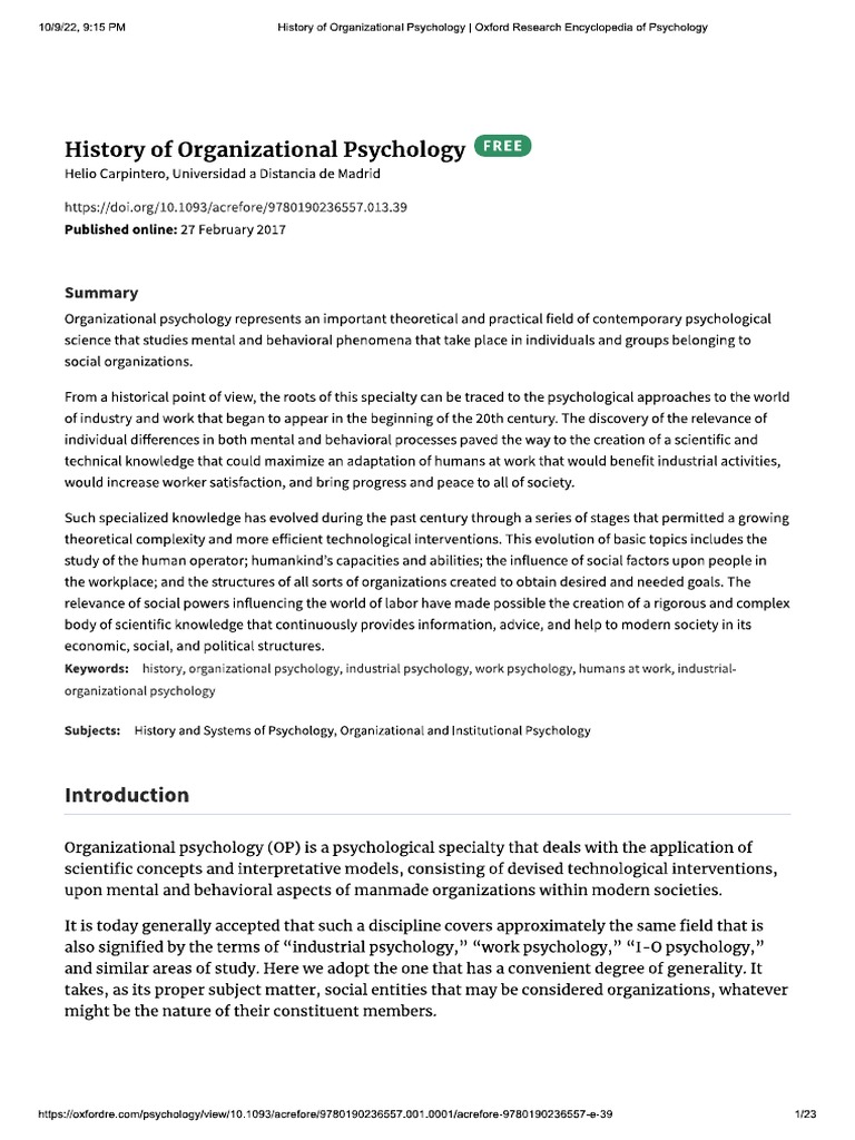 History of Organizational Psychology | PDF