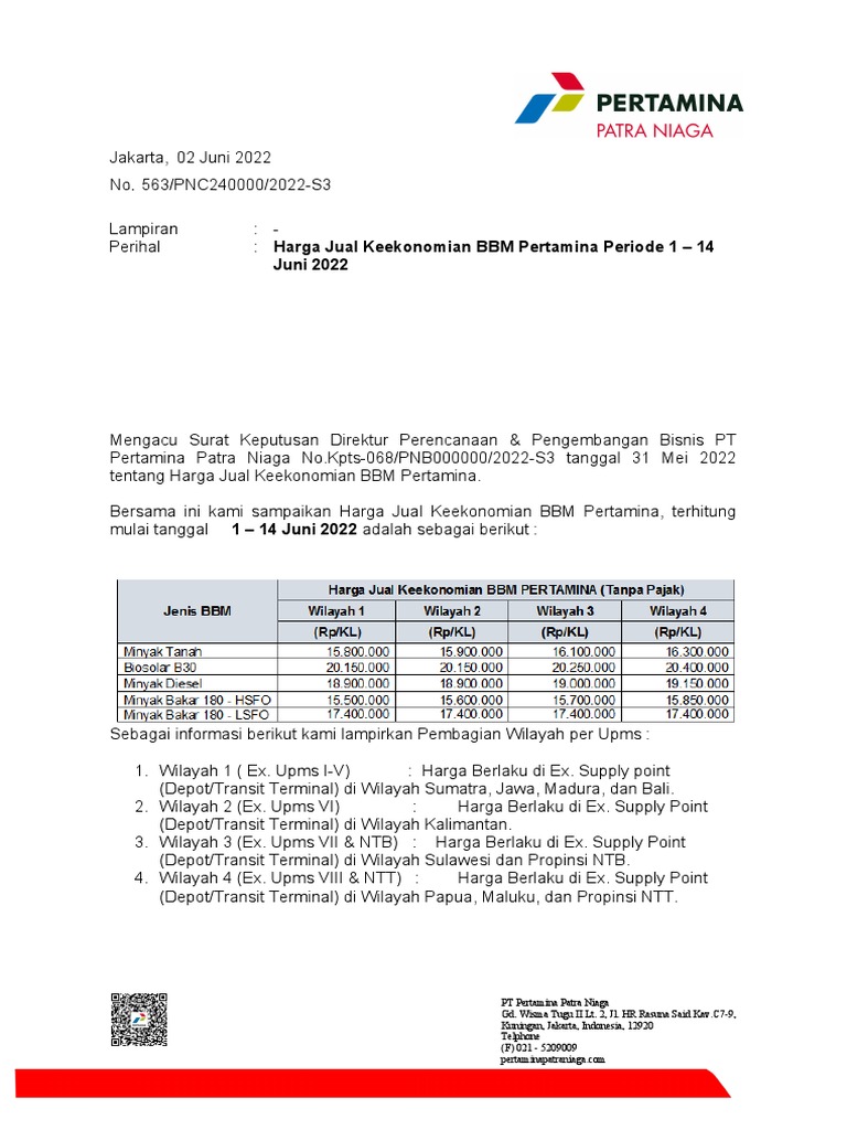 Harga Jual BBM Pertamina Juni 2022 | PDF