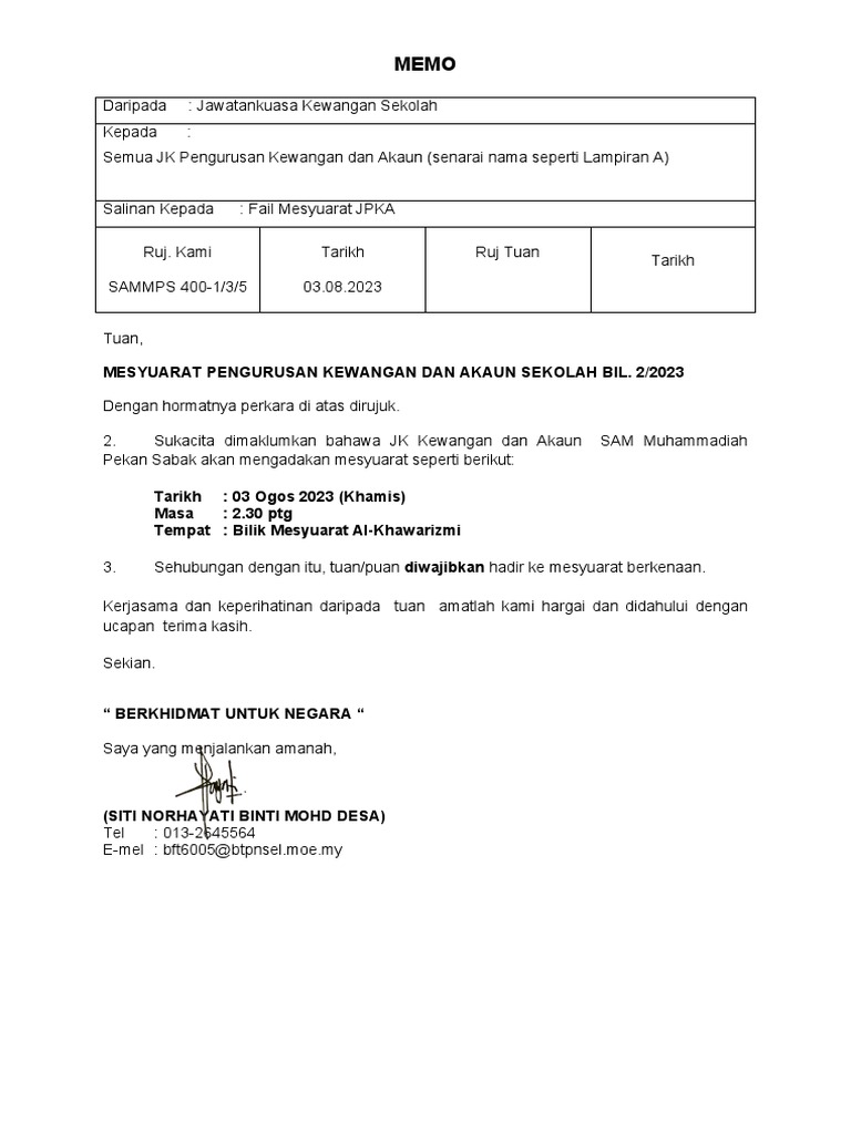 MEMO MESYUARAT PENGURUSAN KEWANGAN DAN AKAUN SEKOLAH BIL.2 2023(1) | PDF