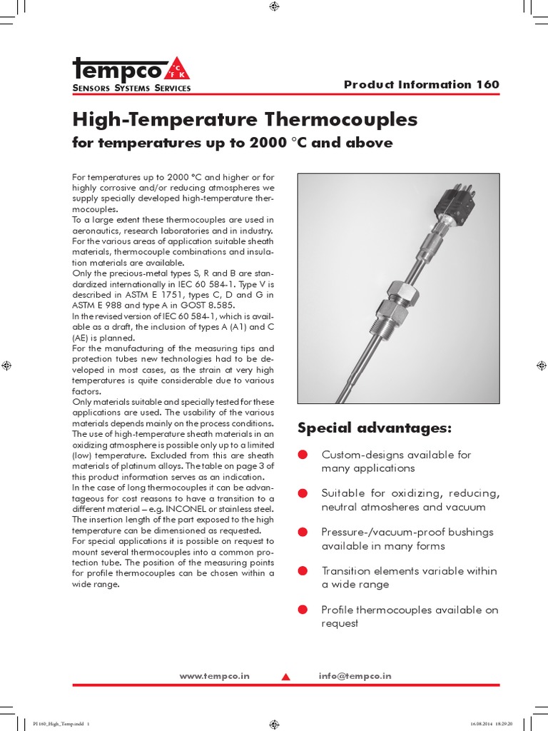 Tempco Sensors PI 160 - High-Temp - Print | PDF | Thermocouple | Electrical Connector