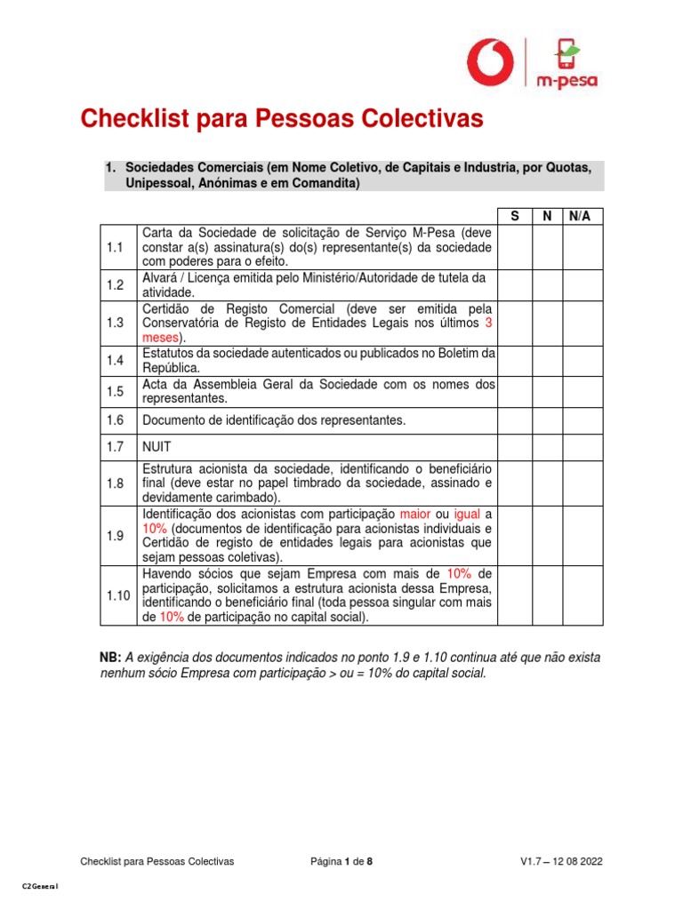 Checklist para Pessoas Colectivas - Versao 2022 | PDF | Acionistas ...