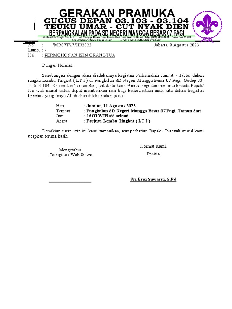 Surat Izin Perjusa untuk Wali Murid | PDF