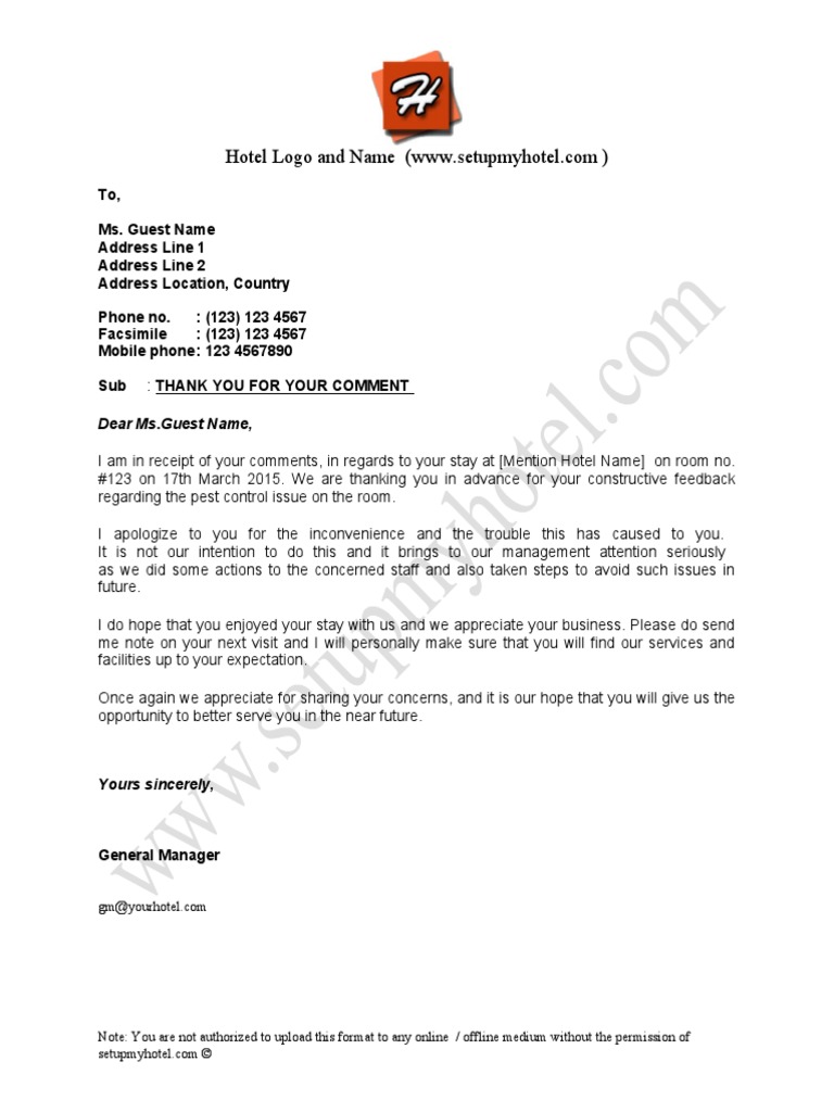 Hotel Apology Letter - Pest Control Issue | PDF