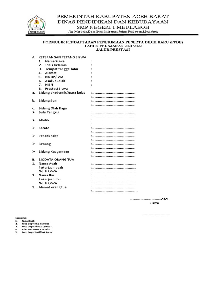 Formulir PPDB Jalur Prestasi | PDF