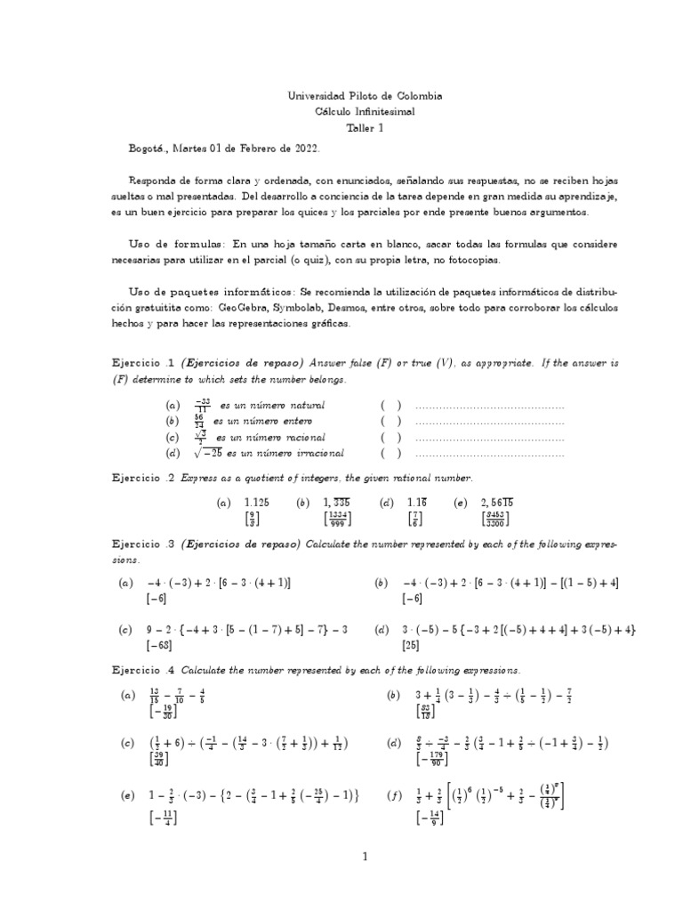 Taller Cálculo Infinitesimal 1 | PDF