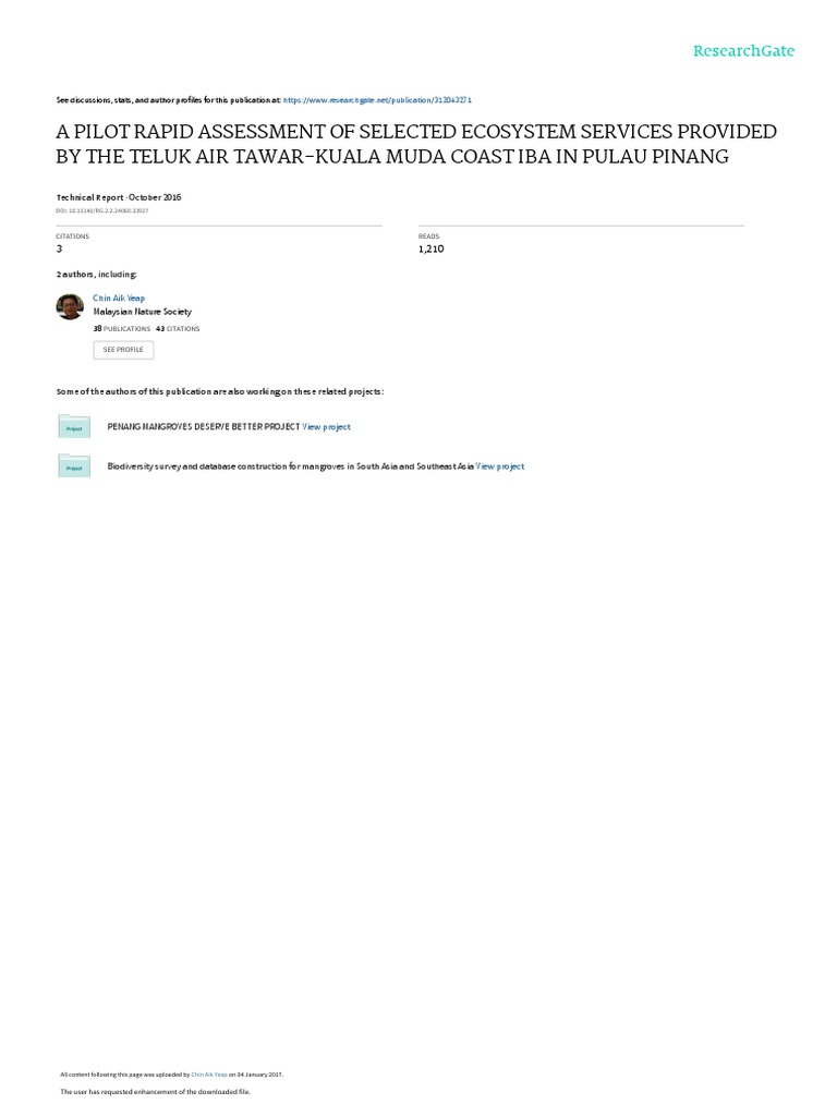 A PILOT RAPID ASSESSMENT OF SELECTED eCOSYSTEM SERVICES PROVIDED BY THE TELUK AIR TAWARR KUALA ...