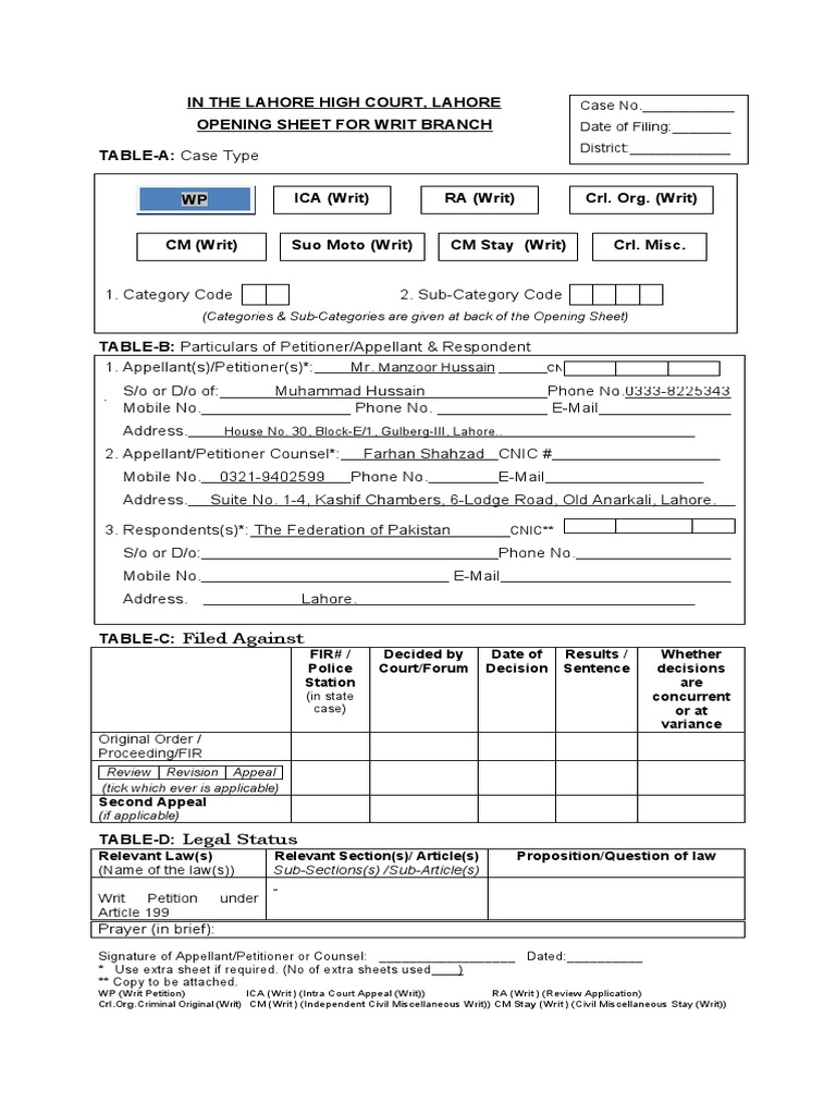 Proforma High Court Opening Sheet | PDF