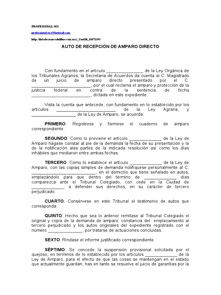 Auto de Recepcian de Amparo Directo | PDF Auto de Recepcian de Amparo Directo | PDF