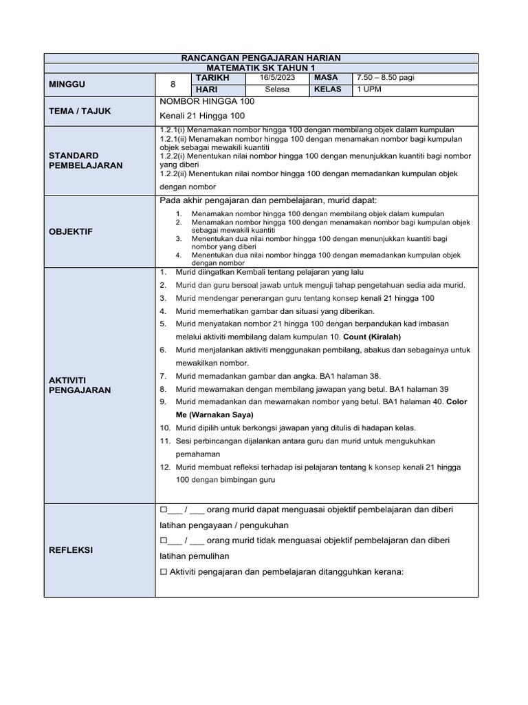 RPH Ringkas Minggu 8 Math SK THN 1 2023 | PDF