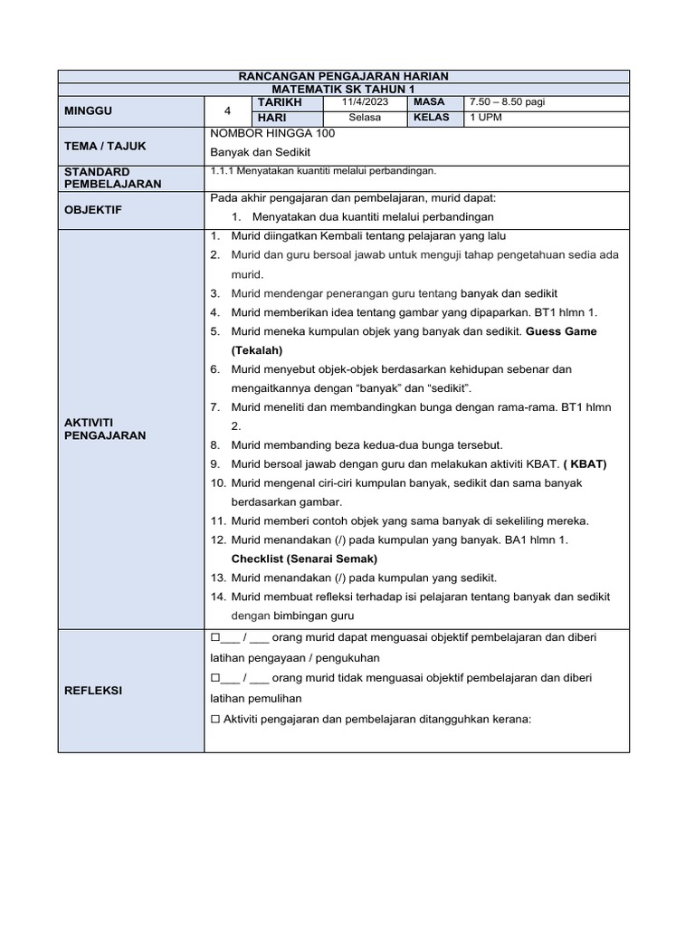 RPH Ringkas Minggu 4 Math SK THN 1 2023 | PDF