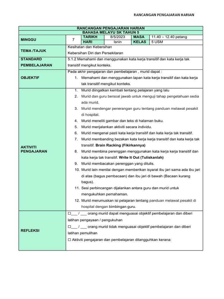 RPH Ringkas Minggu 7 BM SK THN 5 2023 | PDF | Karier & Perkembangan