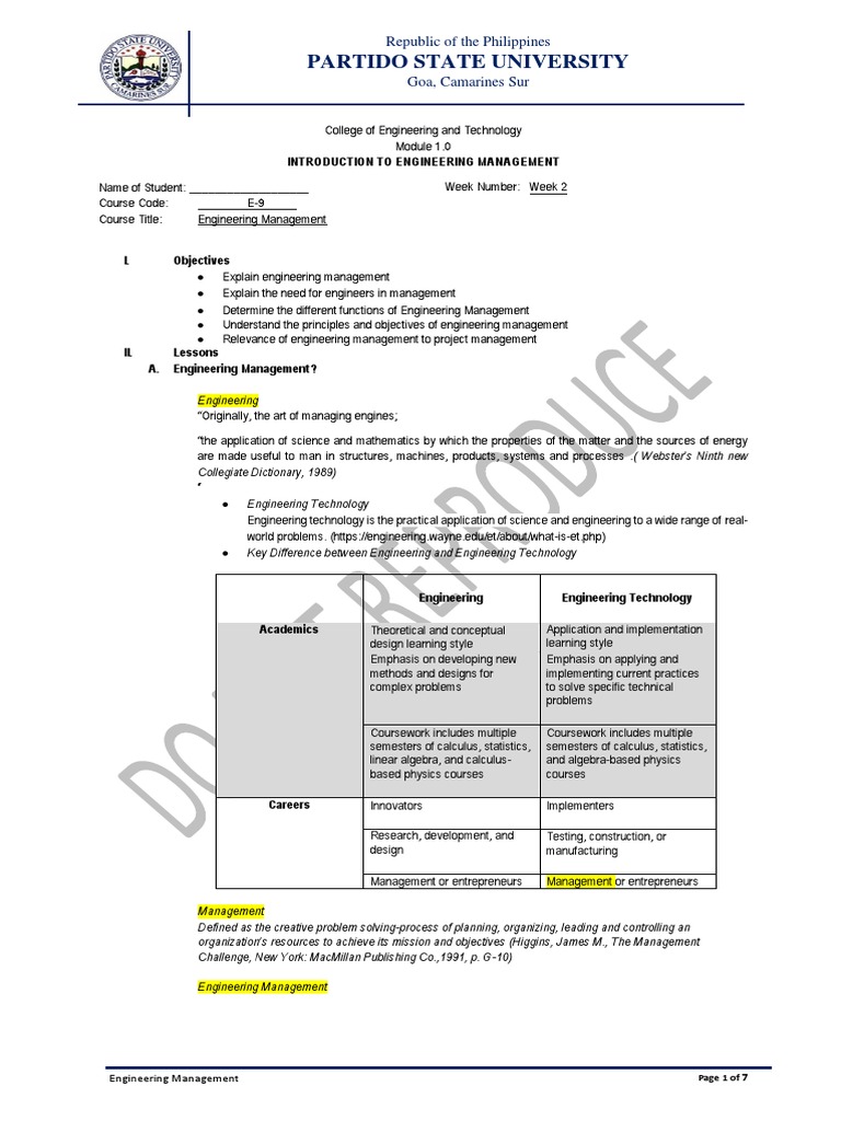 Module 1 - Introduction To Engineering Management | PDF