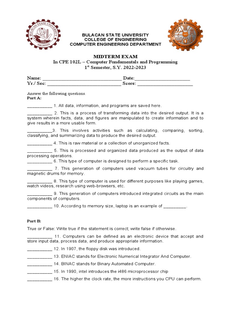 Midterm Exam - CPE102L-Computer Fundamentals and Programming | PDF | Computers