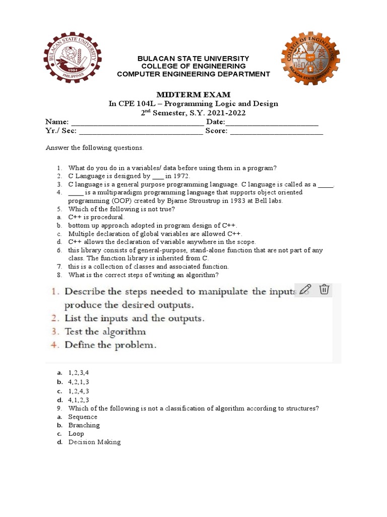 Midterm Exam - CPE104L-Programming Logic and Design | PDF | Teaching ...