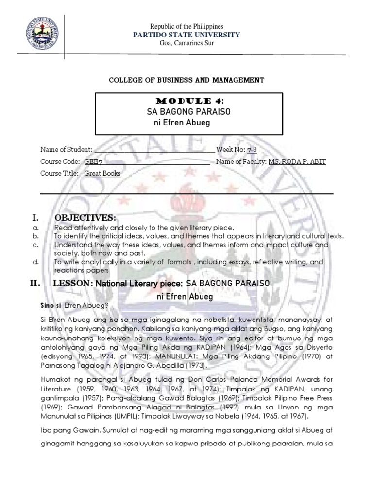 Module 4 - Sa Bagong Paraiso Ni Efren Abueg | PDF