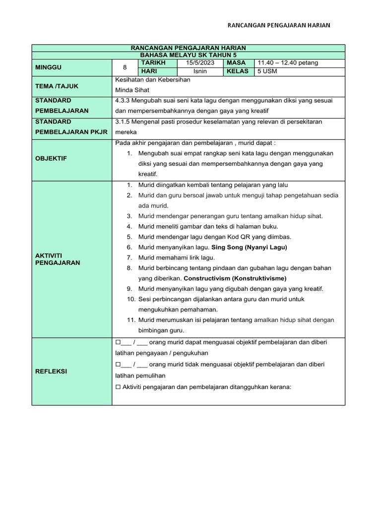 RPH Ringkas Minggu 8 BM SK THN 5 2023 | PDF | Karier & Perkembangan ...