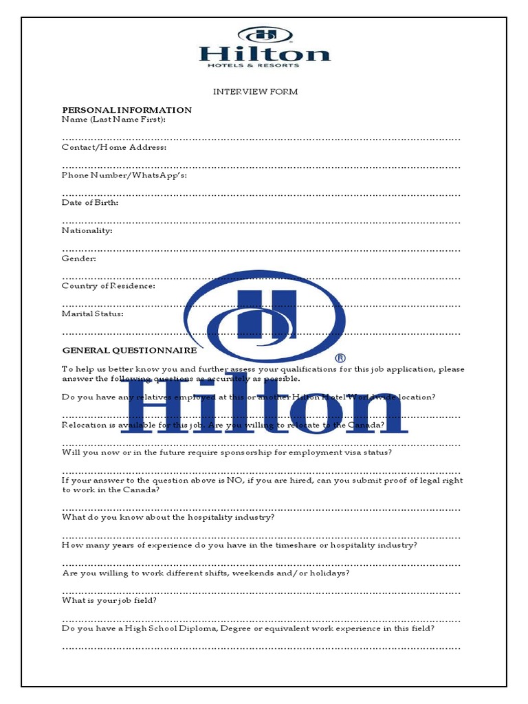 Hilton Hotel Interview Form | PDF