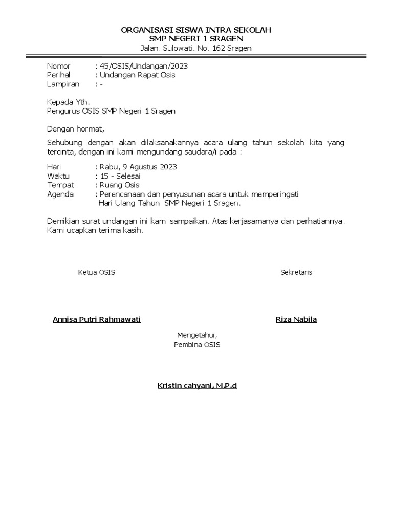 Undangan Rapat Osis | PDF