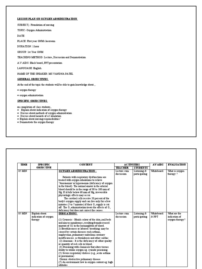 Lesson Plan On Oxygen Administration - Fon | PDF