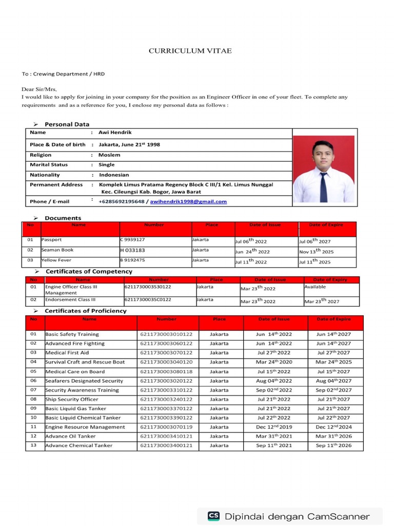 CV AWI HENDRIK - 3rdENGINEER | PDF