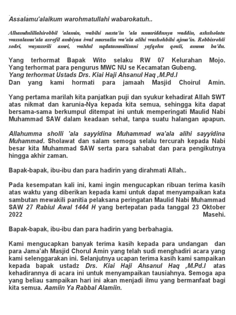 Sambutan Ketua Panitia Maulid Nabi 1444H | PDF