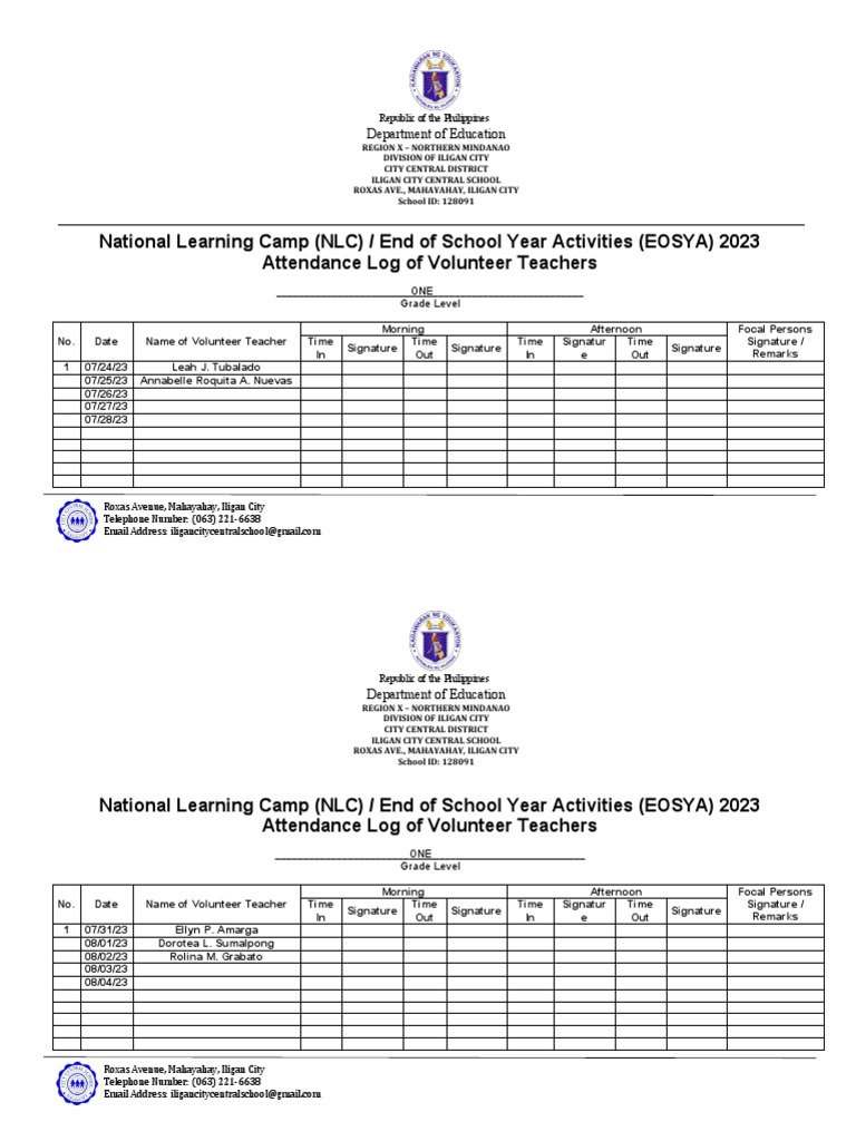 NLC EOSY 2023 Volunteer Teachers Attendance Log Template GRADE ONE | PDF