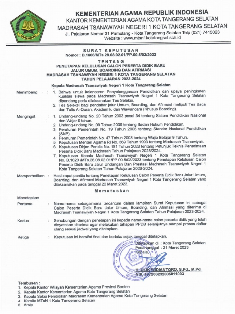 SK Penetapan Kelulusan Jalur Umum, Boarding Dan Afirmasi PPDB 2023 | PDF