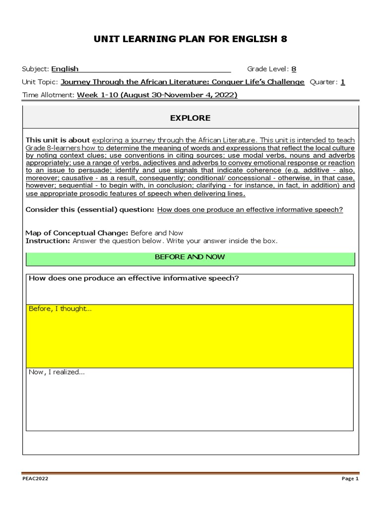 Learning Plan-ENGLISH 8 | PDF